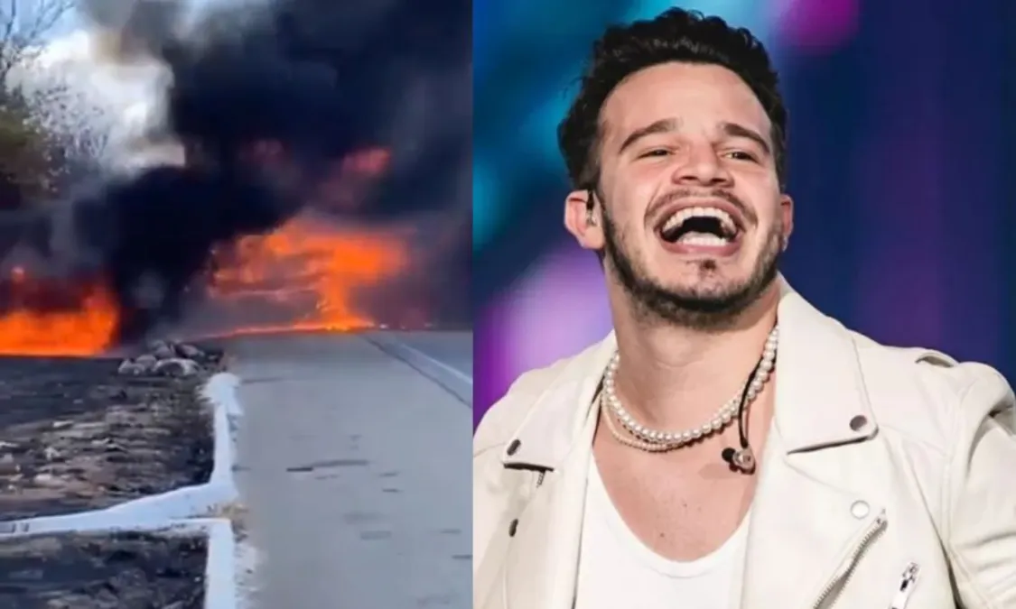 Ônibus do cantor Matheus Fernandes pega fogo em estrada; VÍDEO