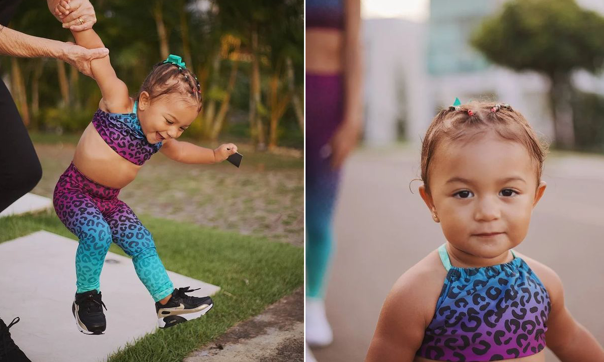 Liz quebra fofurômetro com look fitness combinando com Lore Improta